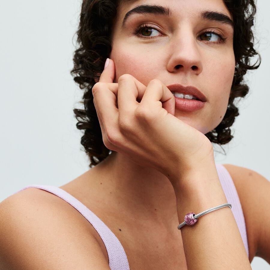 Pandora Rózsaszín virágzó rózsa ezüst charm